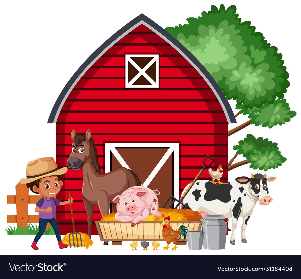 Scene with boy and many farm animals Royalty Free Vector