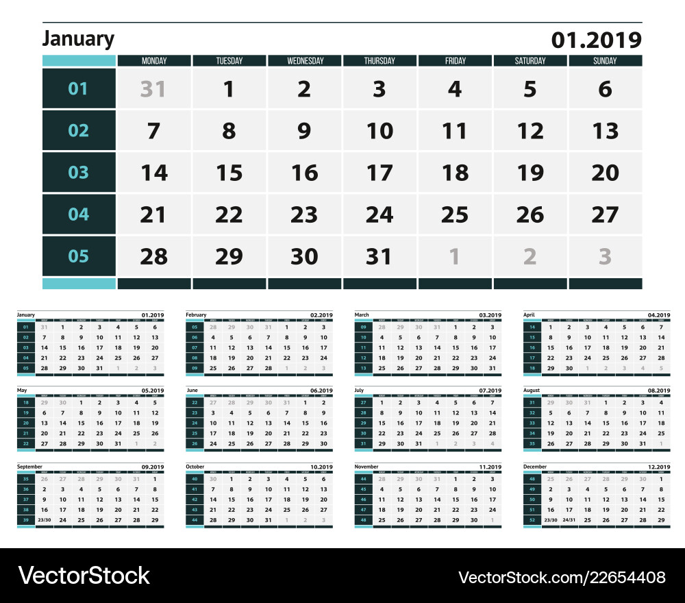 Simple blue and grey calendar design for 2019 Vector Image