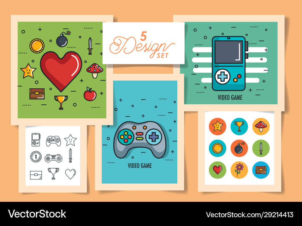 Five designs video game retro with icons Vector Image