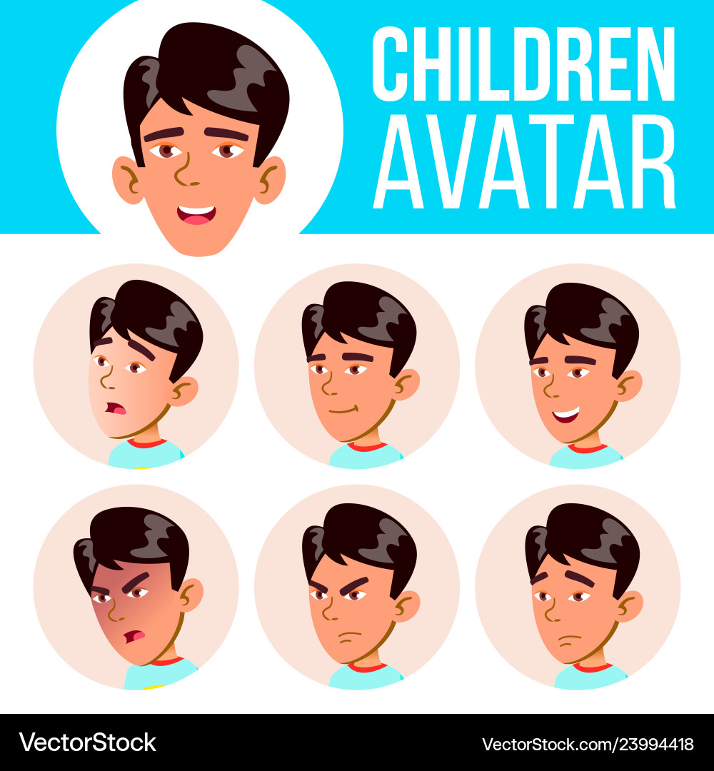Asian boy avatar set kid primary school Royalty Free Vector