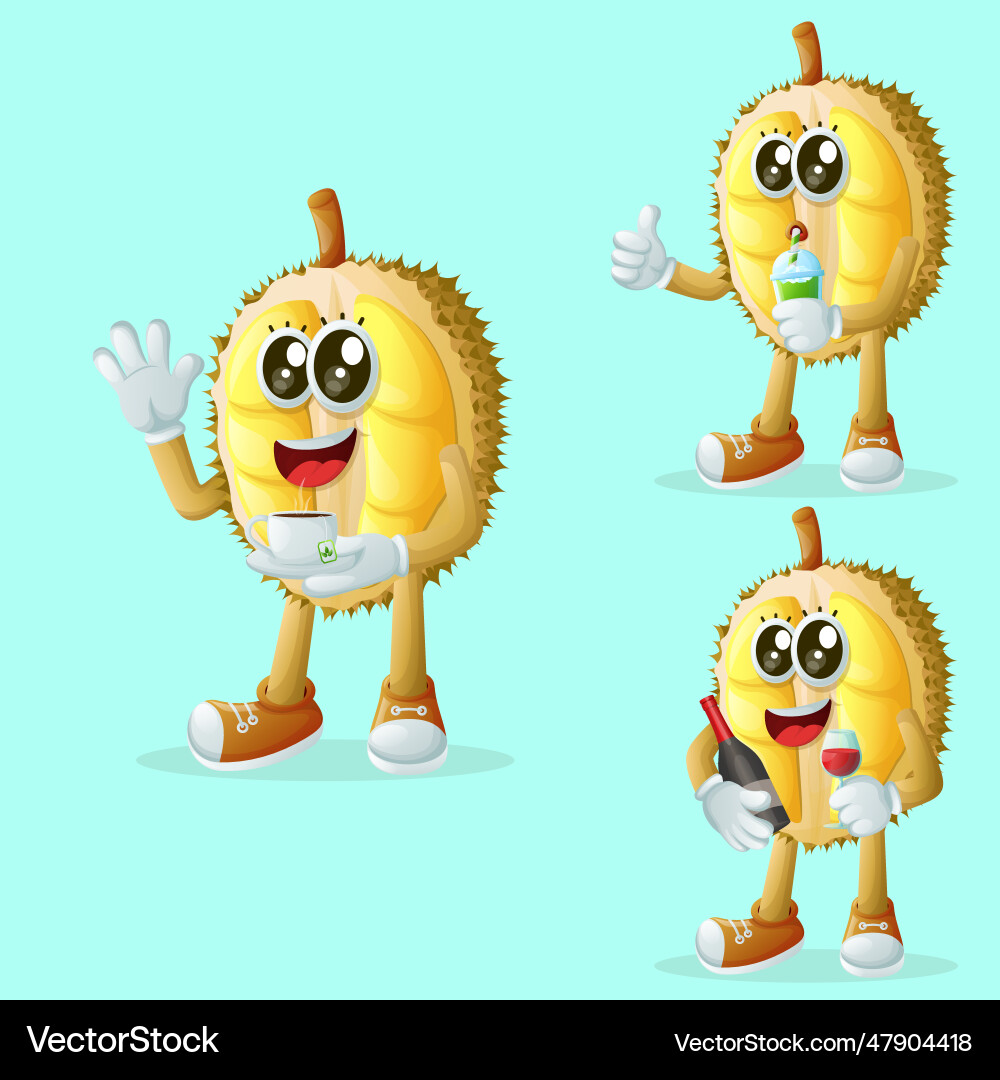 Cute durian characters enjoying beverages Vector Image