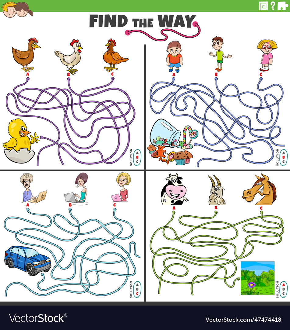 Find the way maze games set with people Royalty Free Vector