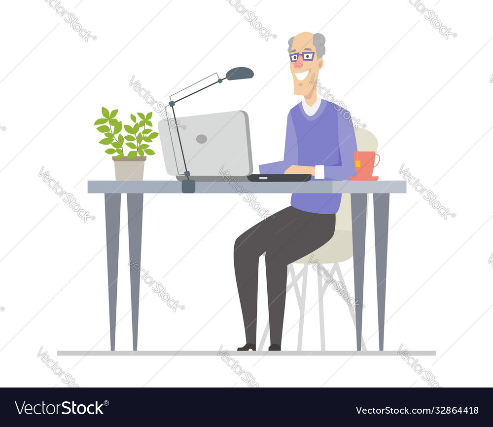 Senior man at computer - flat design style Vector Image