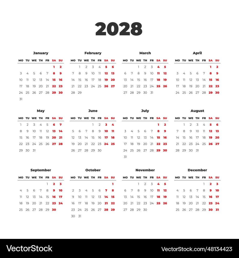 Simple calendar on 2028 start from monday Vector Image