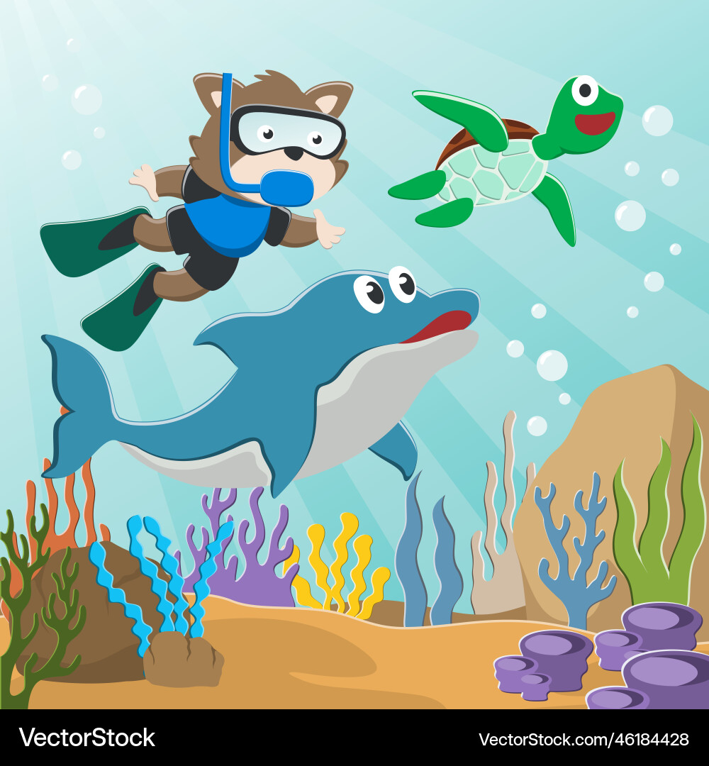 Little fox dolphin and turtle diving in undersea Vector Image