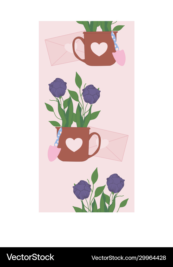 Vertical border with cute tulips in mugs Vector Image