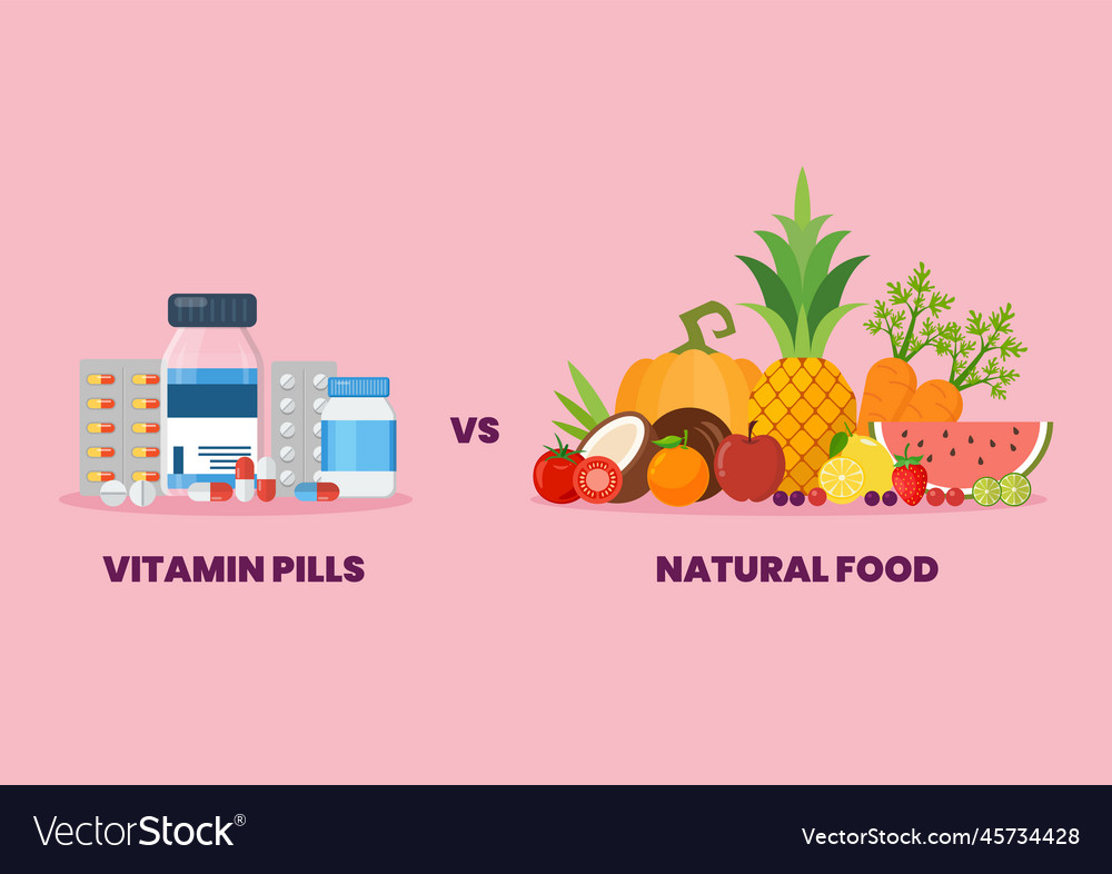 Vitamin pills vs natural food healthy eating Vector Image