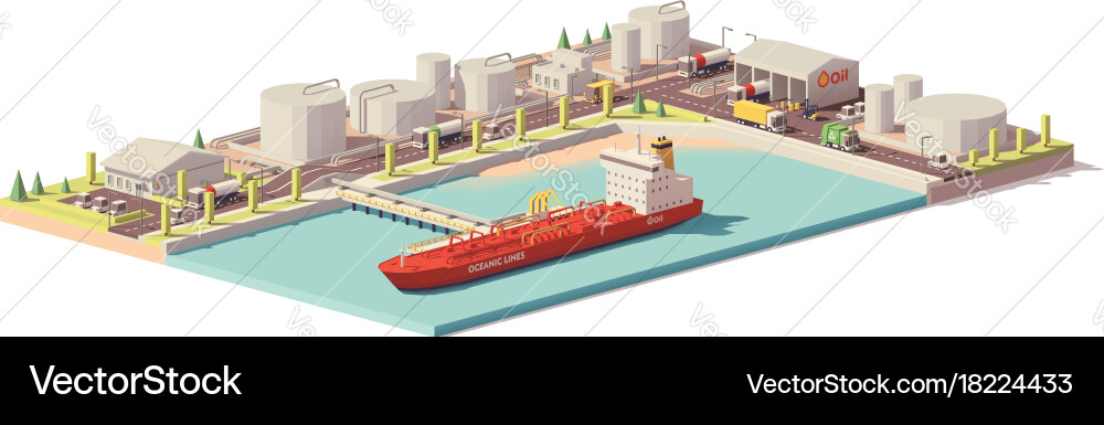 Low poly oil depot and tanker ship Royalty Free Vector Image