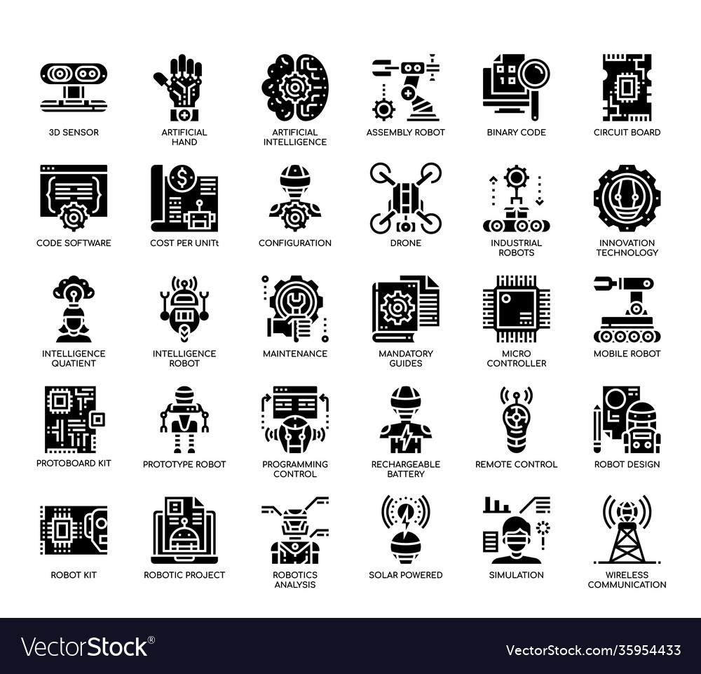 Robotic engineering glyph icons Royalty Free Vector Image