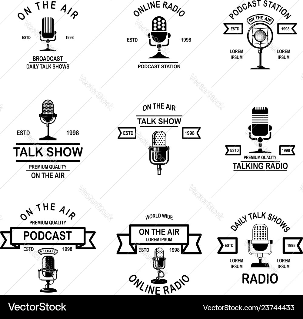 Set of podcast radio emblems with microphone Vector Image