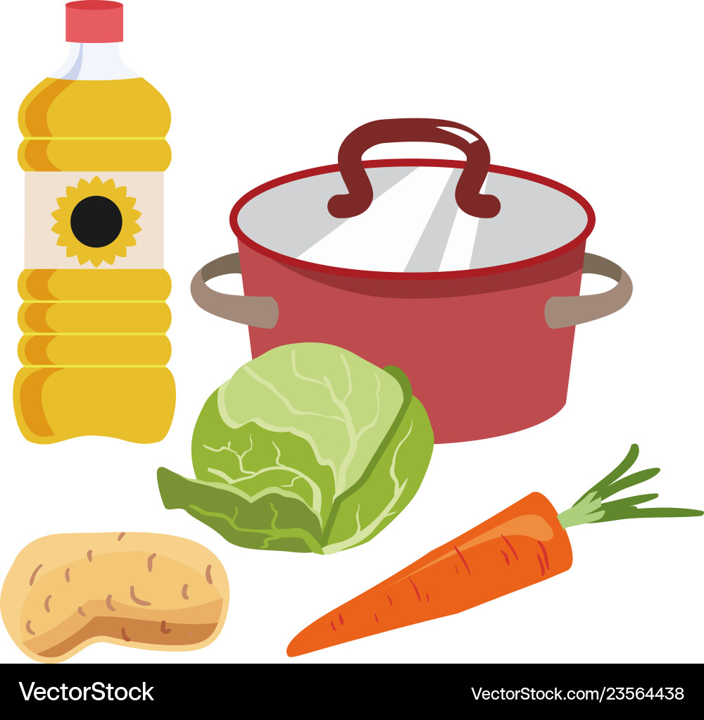 Red saucepan with copper lid ingredients Vector Image