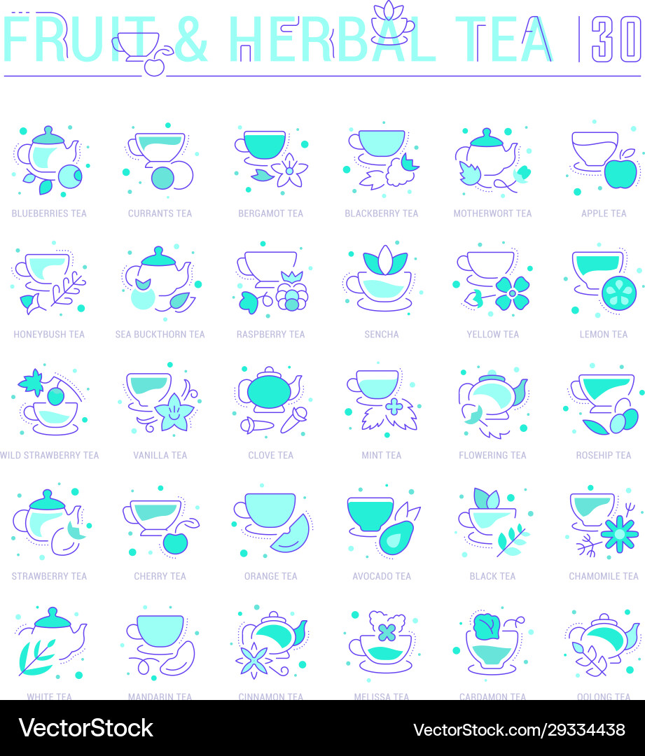 Set blue line icons fruit and herbal tea Vector Image