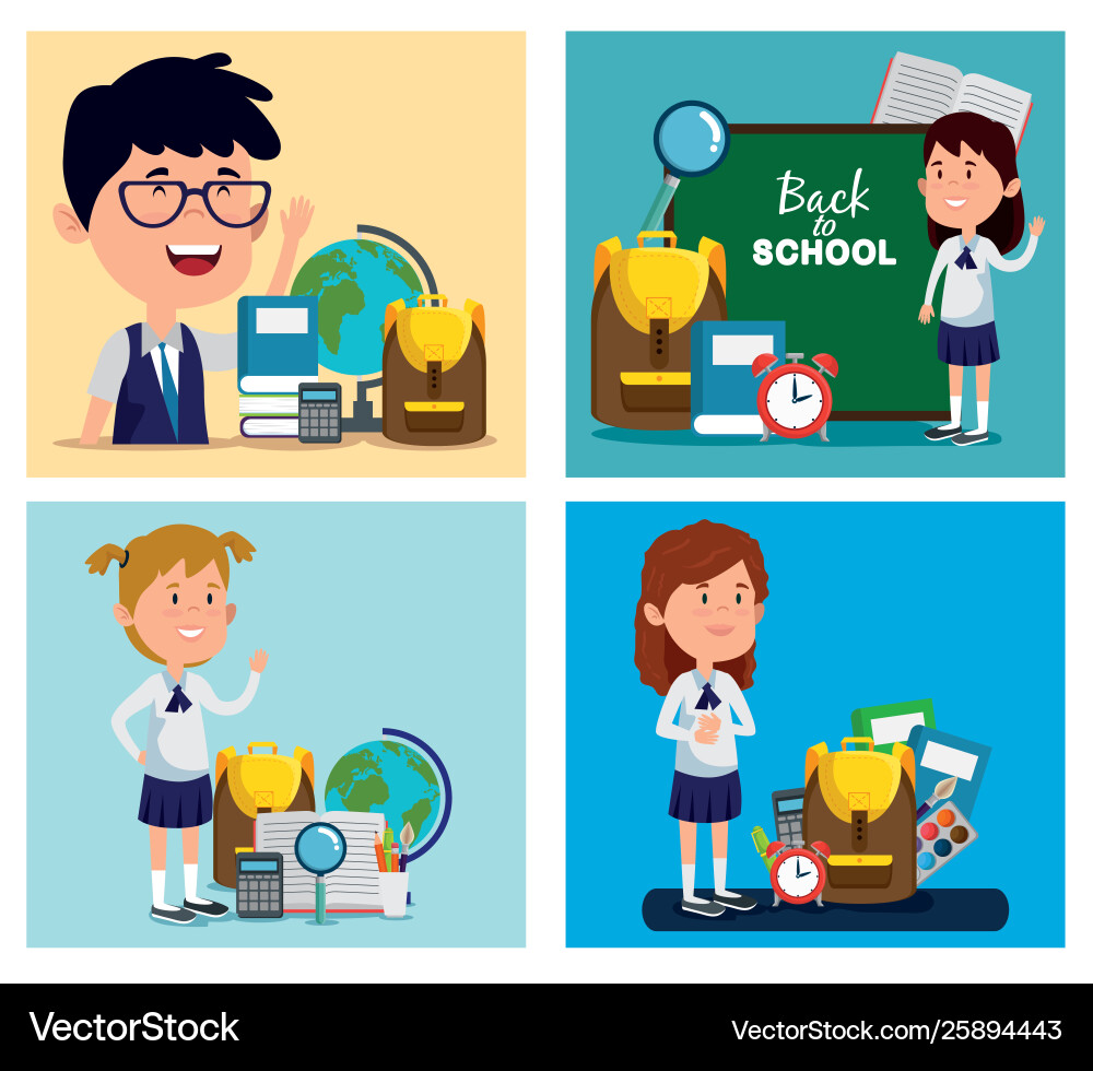 Set boy with girls students education Royalty Free Vector