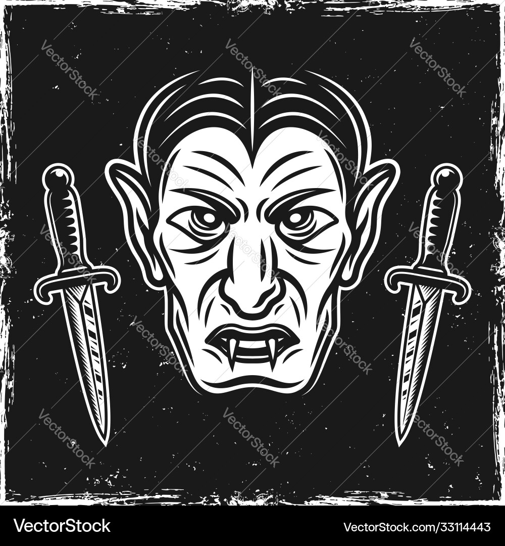 Vampire head and two ritual knives on dark Vector Image