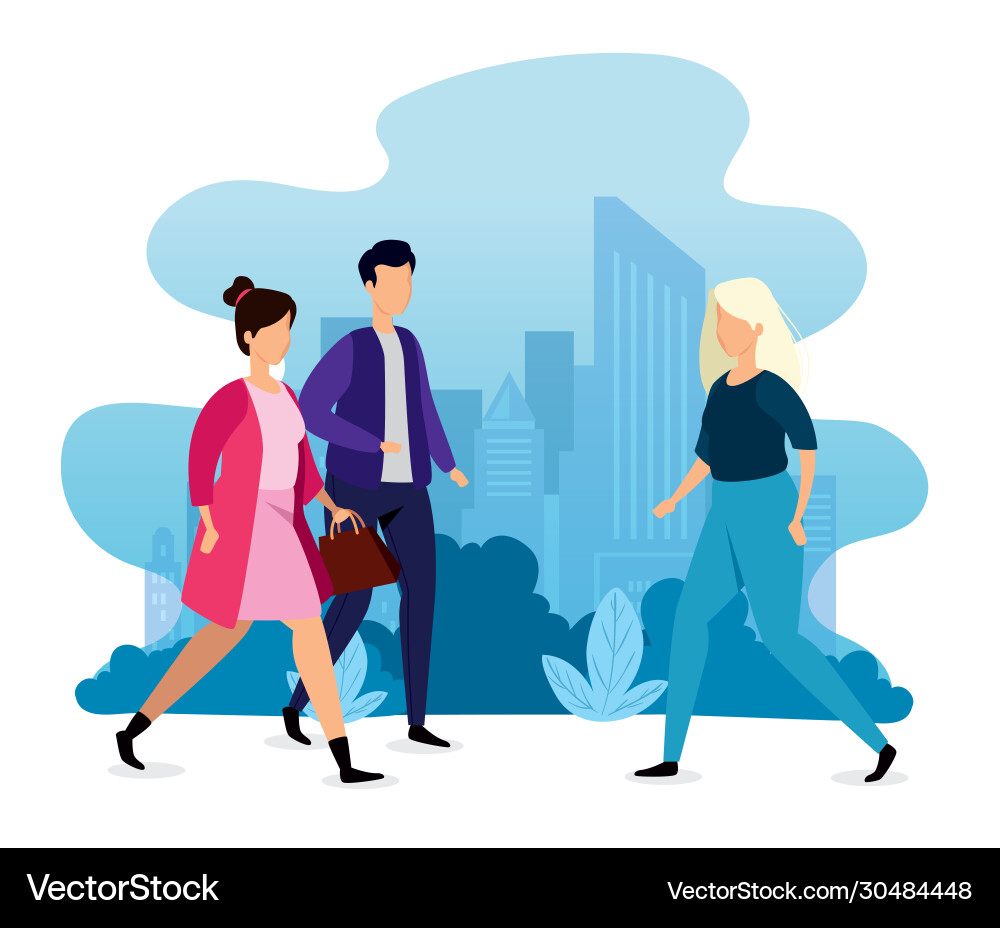 Urban scene with young people walking Royalty Free Vector