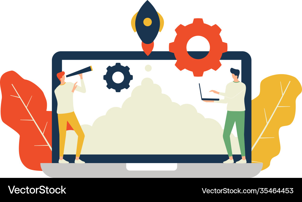 Business start up launching product with rocket Vector Image