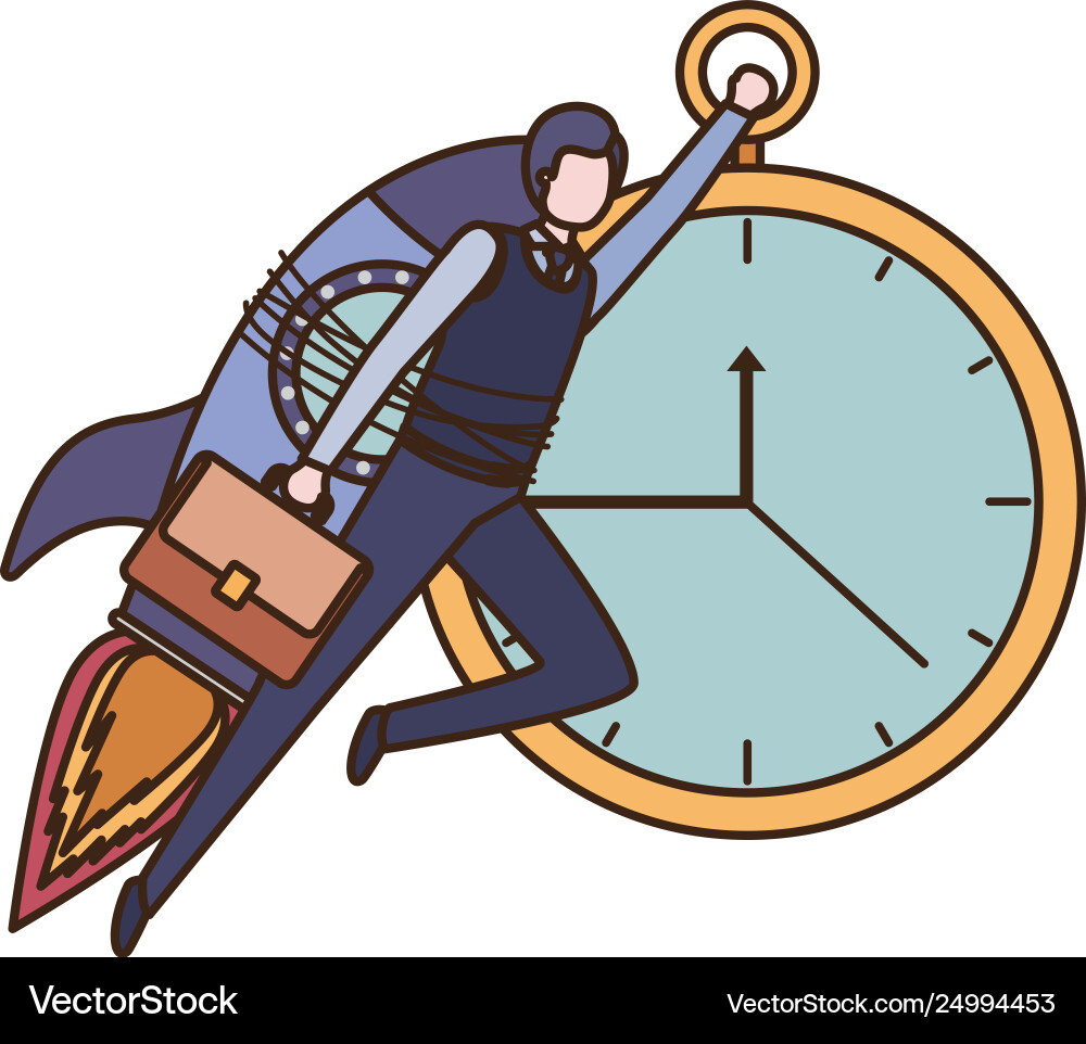 Businessman on rocket and clock avatar character Vector Image