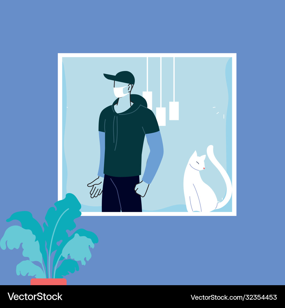 Man in apartment window social distancing Vector Image