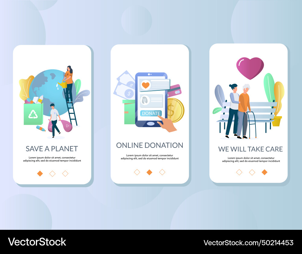 Volunteering mobile app onboarding screens Vector Image