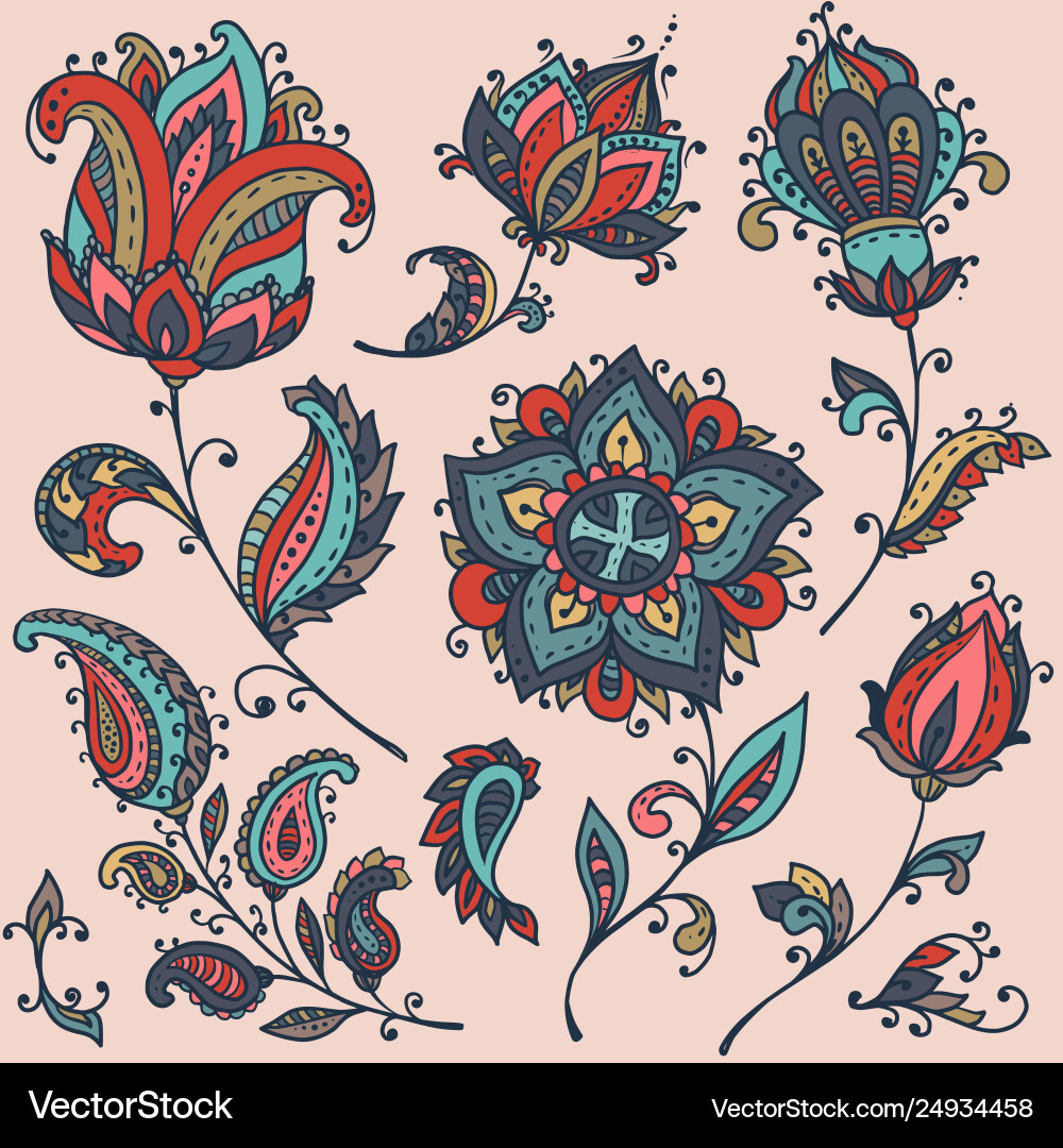 Big set colorful henna floral elements Royalty Free Vector