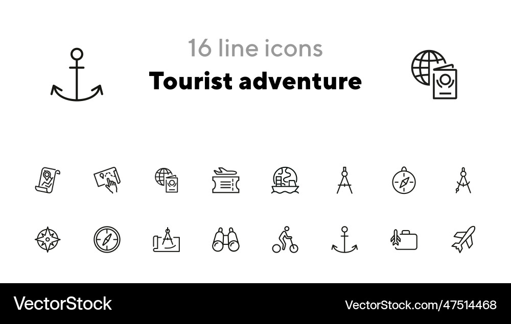 Tourist adventure icon set Royalty Free Vector Image