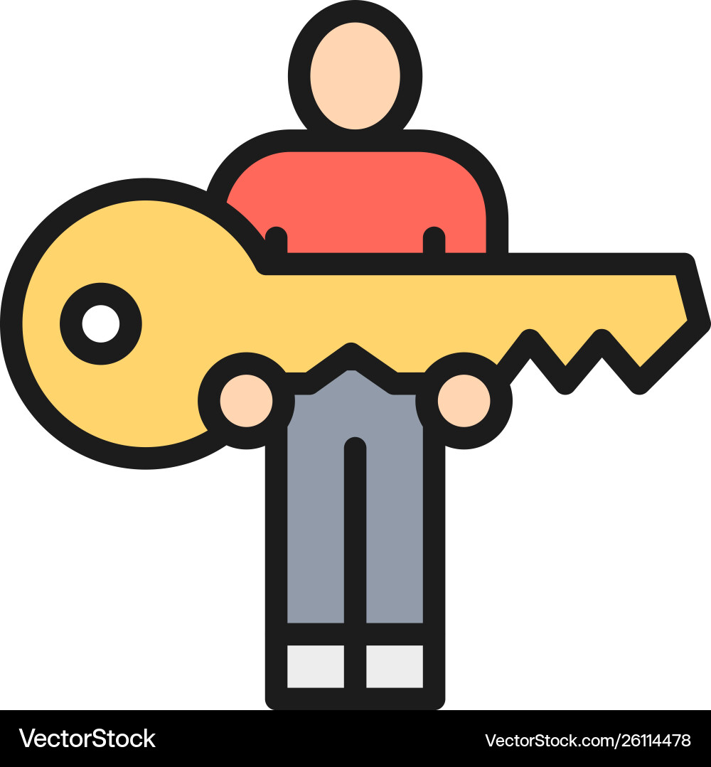 Human hold big key flat color line icon Royalty Free Vector
