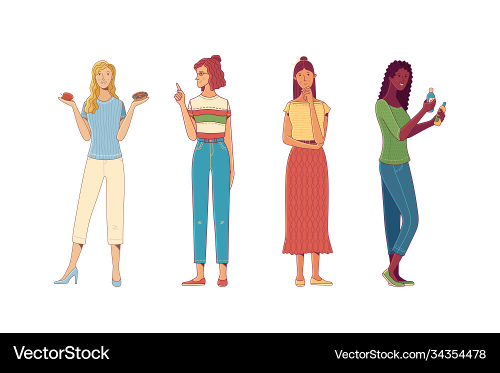 Women comparing choosing in doubt and pointing Vector Image