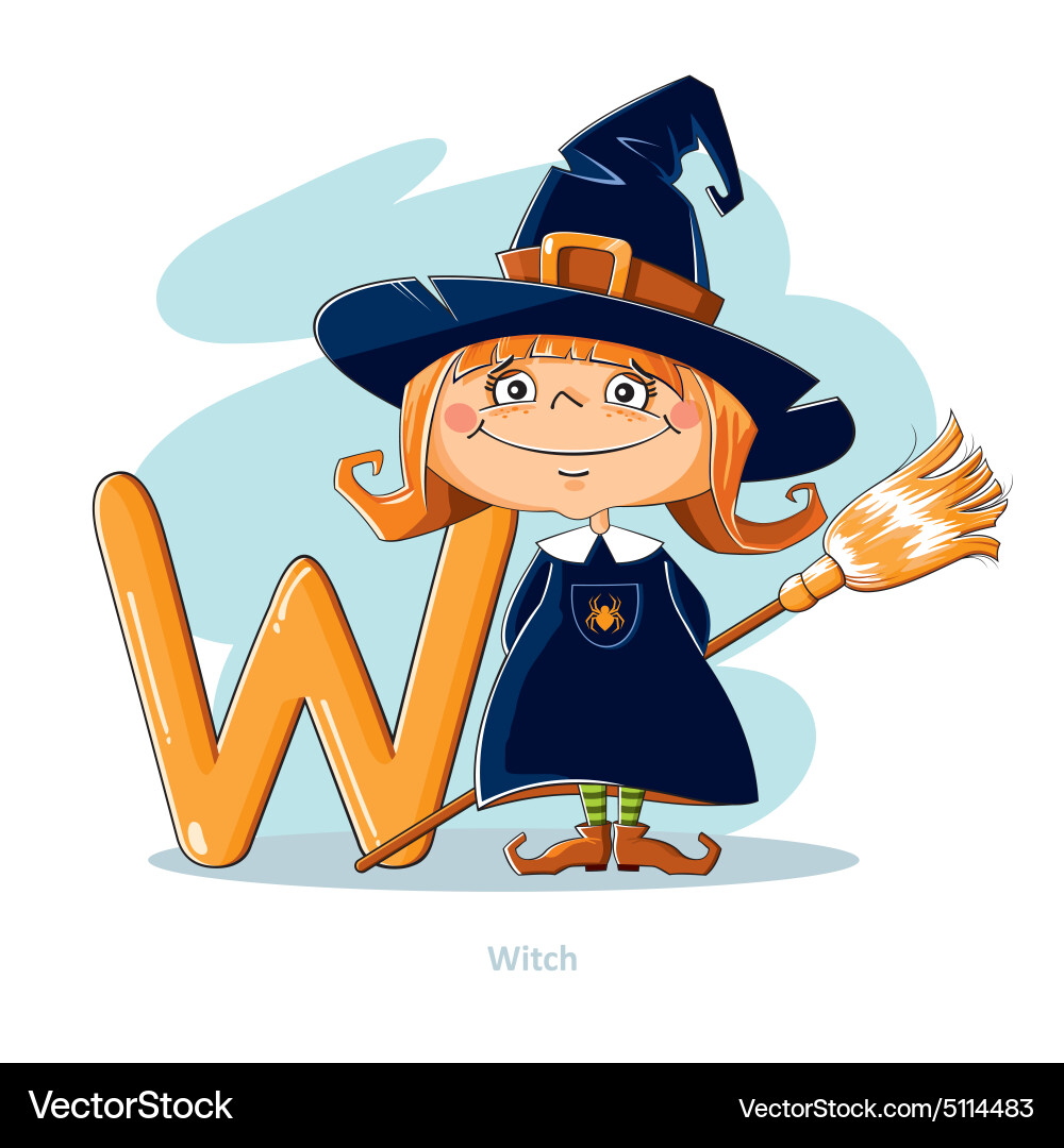 Cartoons alphabet - letter w with funny witch Vector Image
