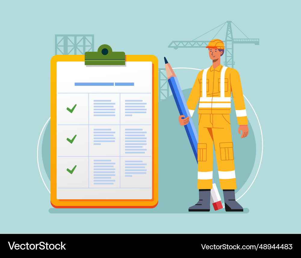 Construction worker giant pencil near checklist Vector Image