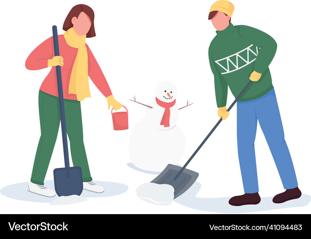 Couple building snowman flat color faceless Vector Image