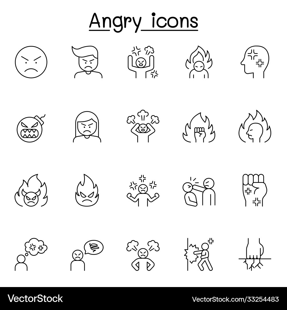 Set angry related line icons contains Royalty Free Vector