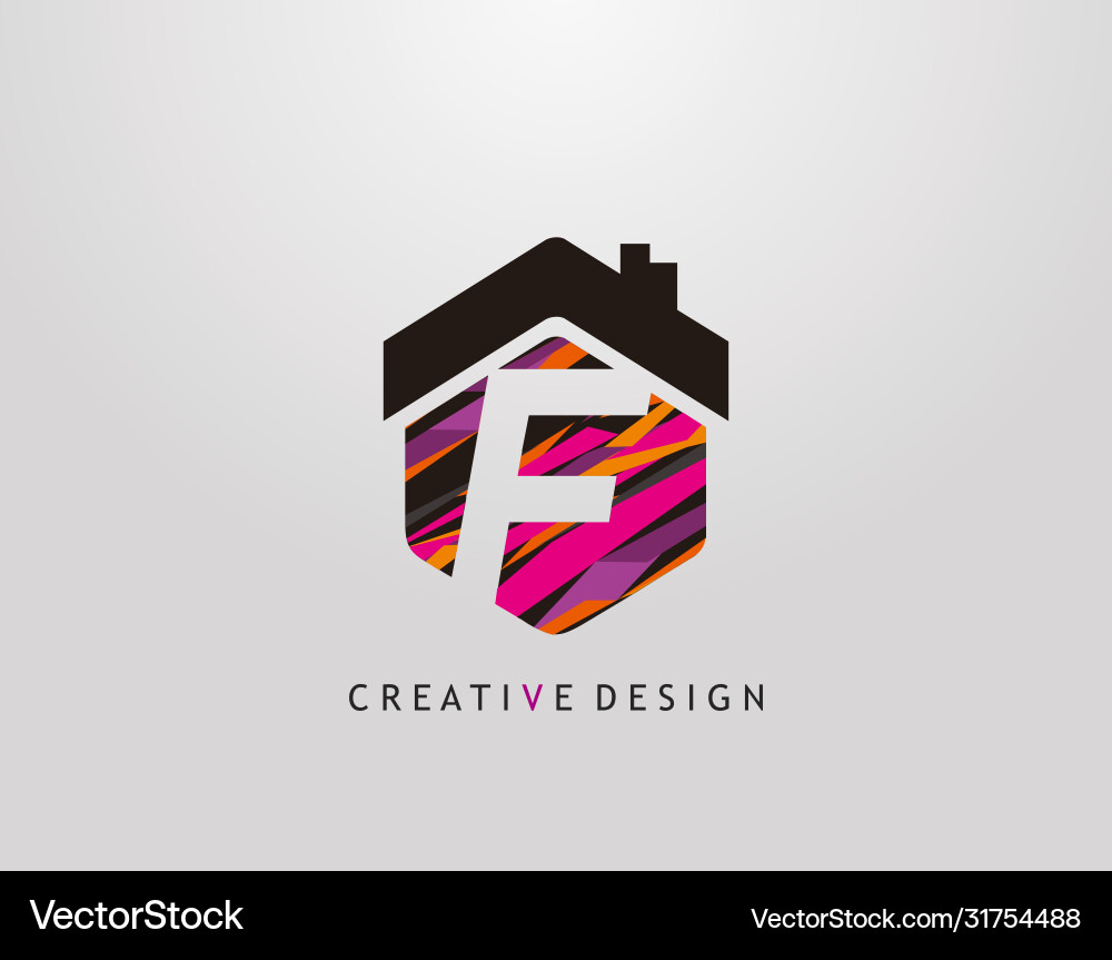 F letter logo creative hexagon house strip shape Vector Image