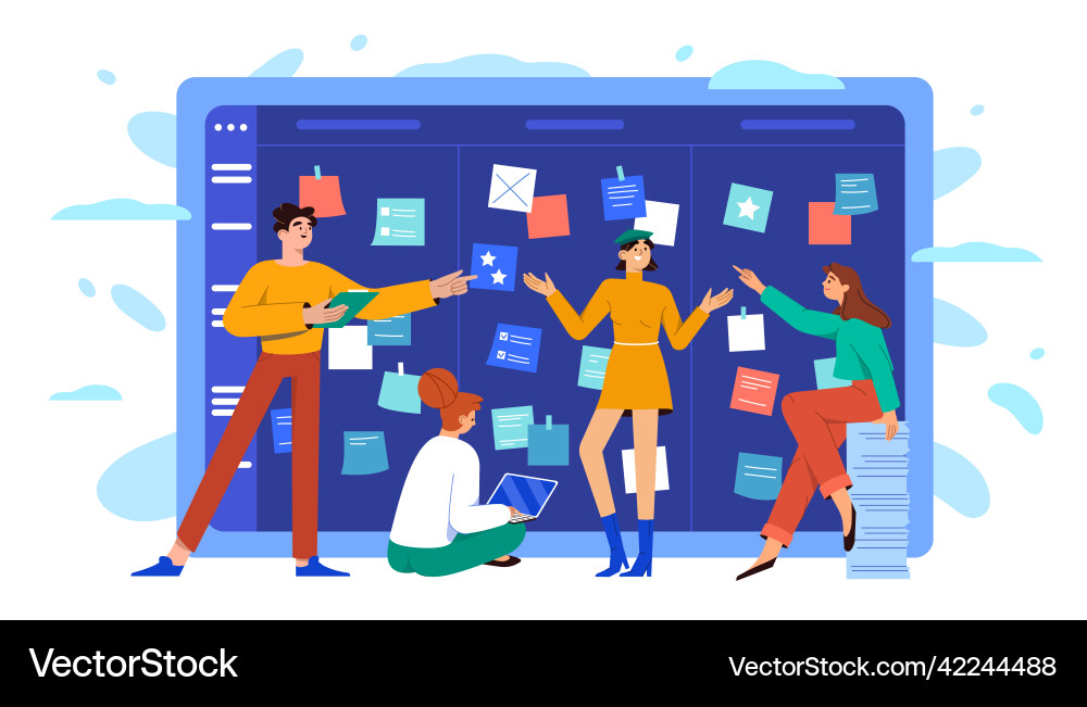 Flat business team at scrum board with sticky Vector Image