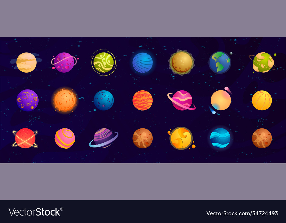Big set colorful cartoon planets Royalty Free Vector Image