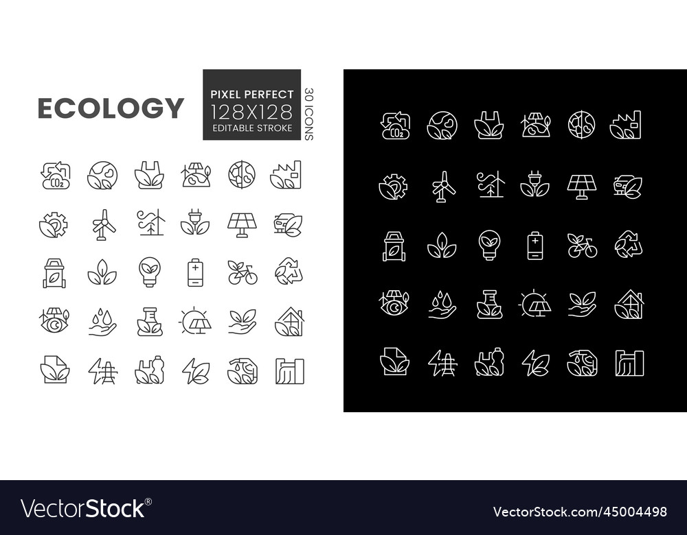 Ecology pixel perfect linear icons set for dark Vector Image