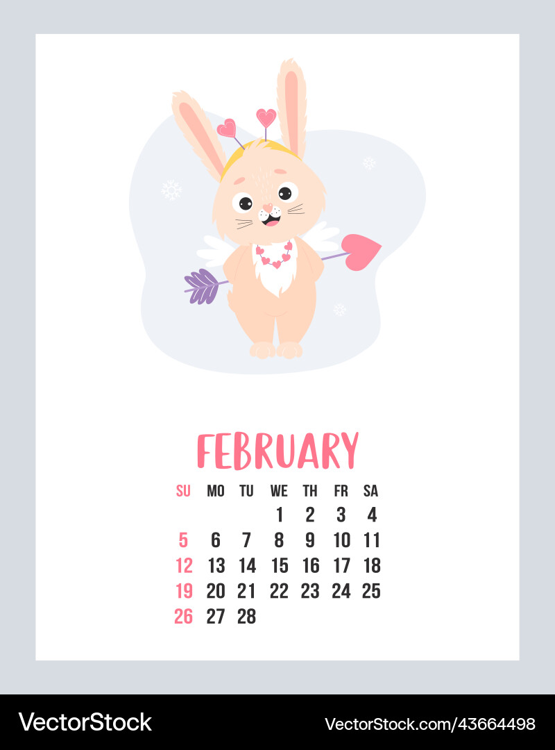 February 2023 calendar cute bunny cupid Royalty Free Vector