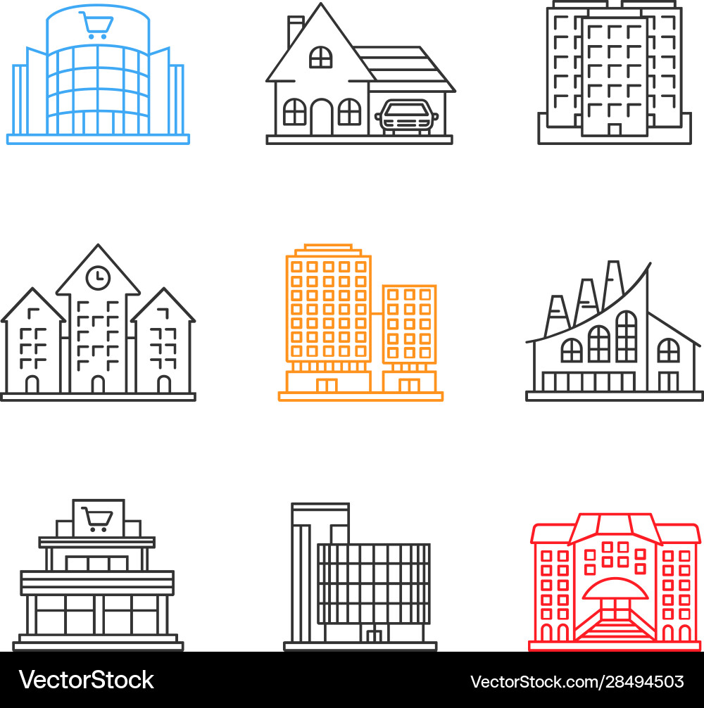City buildings linear icons set Royalty Free Vector Image