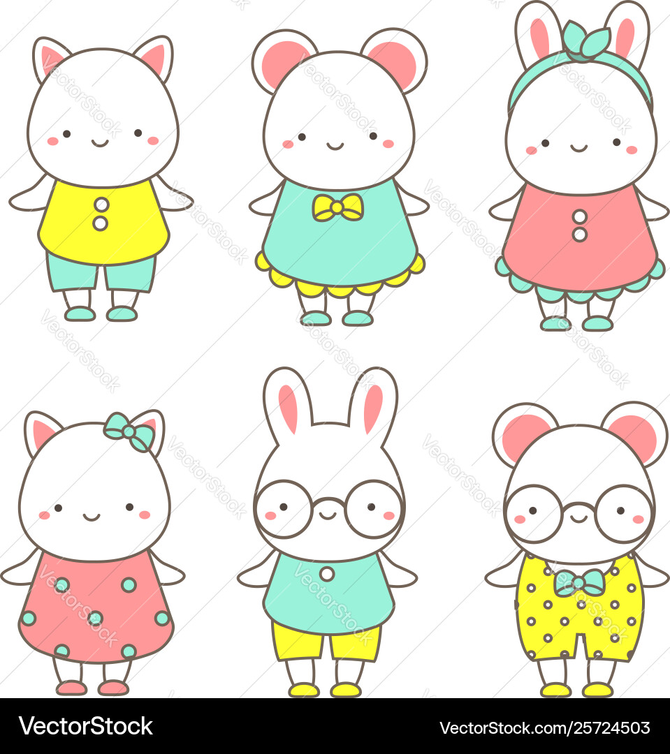 Cute animals kawaii rabbit mouse and cat Vector Image