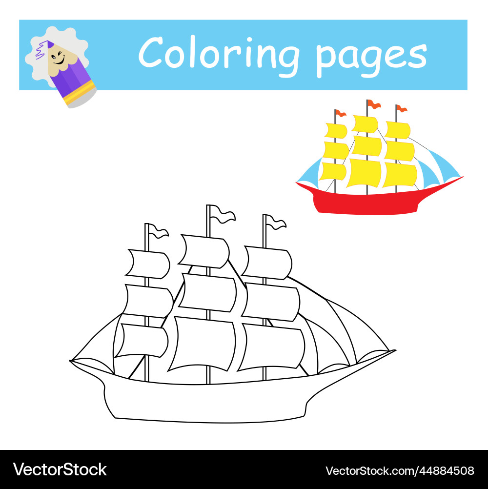 Coloring pages cartoon sailboat Royalty Free Vector Image
