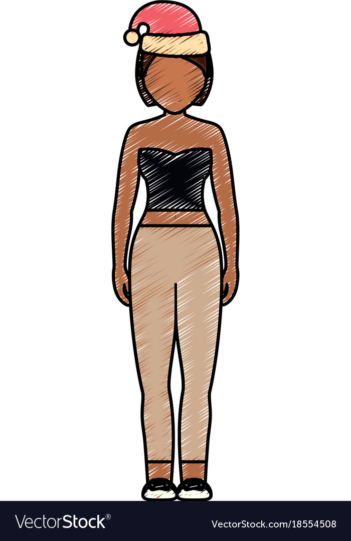 Flat line colored woman with santa hat doodle over Flat line colored woman with santa hat doodle over
