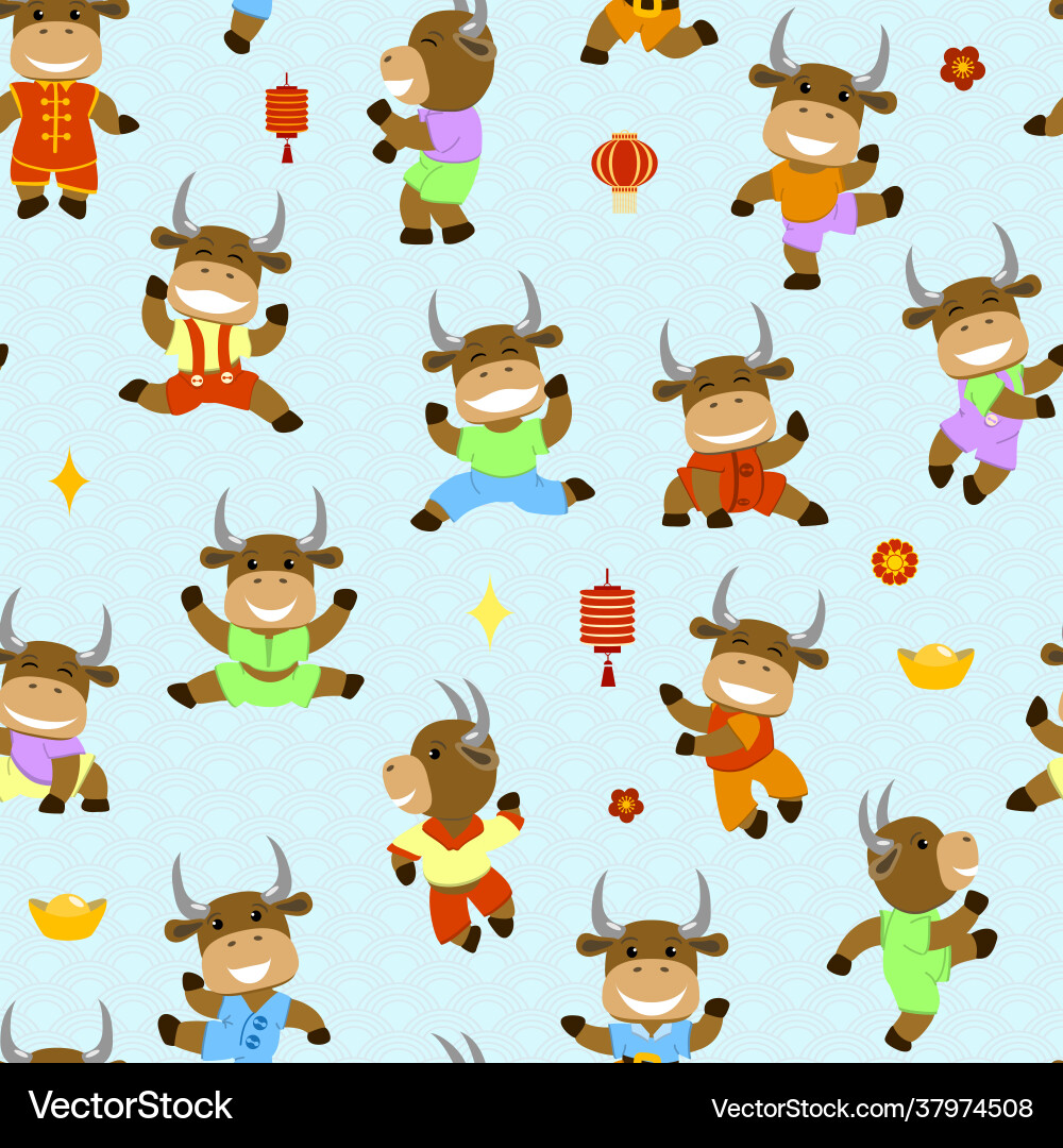 Little smiling bulls dancing and having fun Vector Image