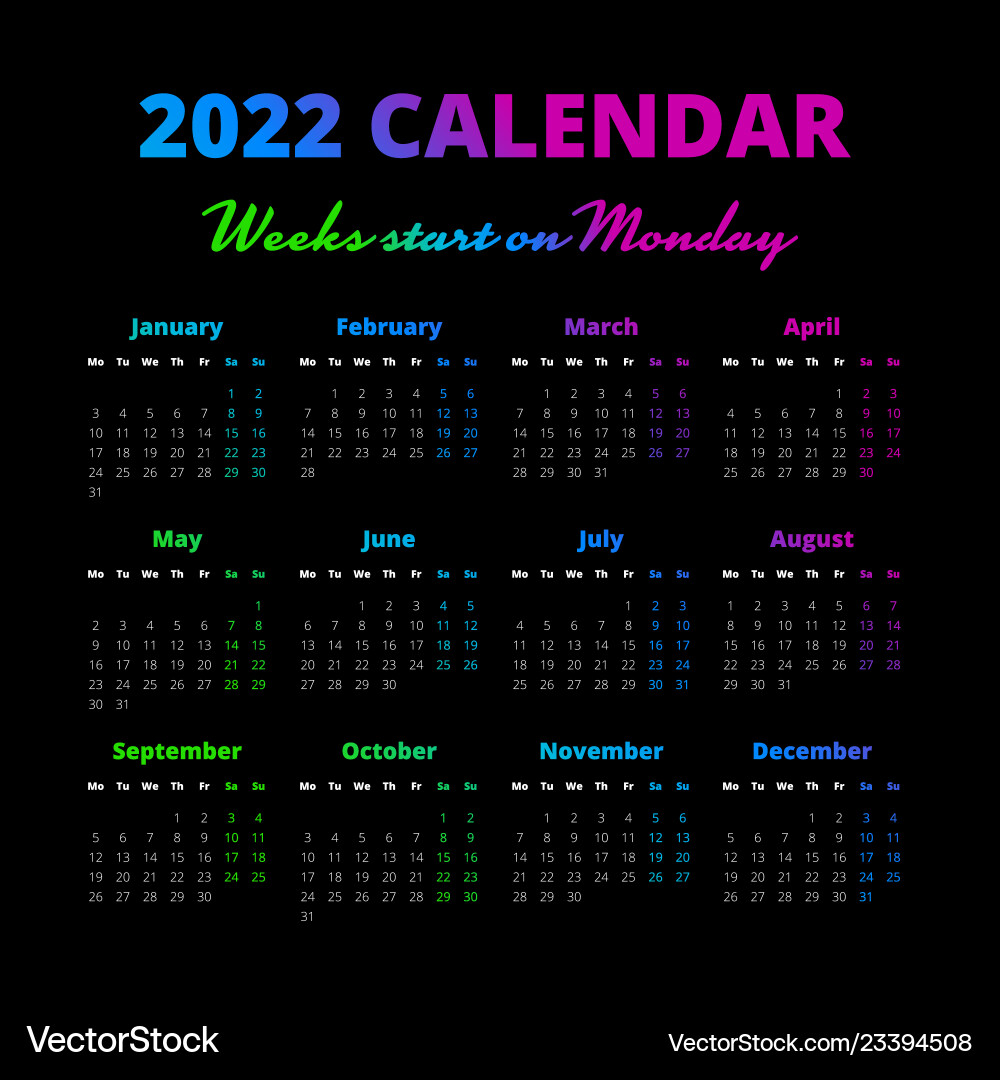 Simple 2022 year calendar weeks start on monday Vector Image