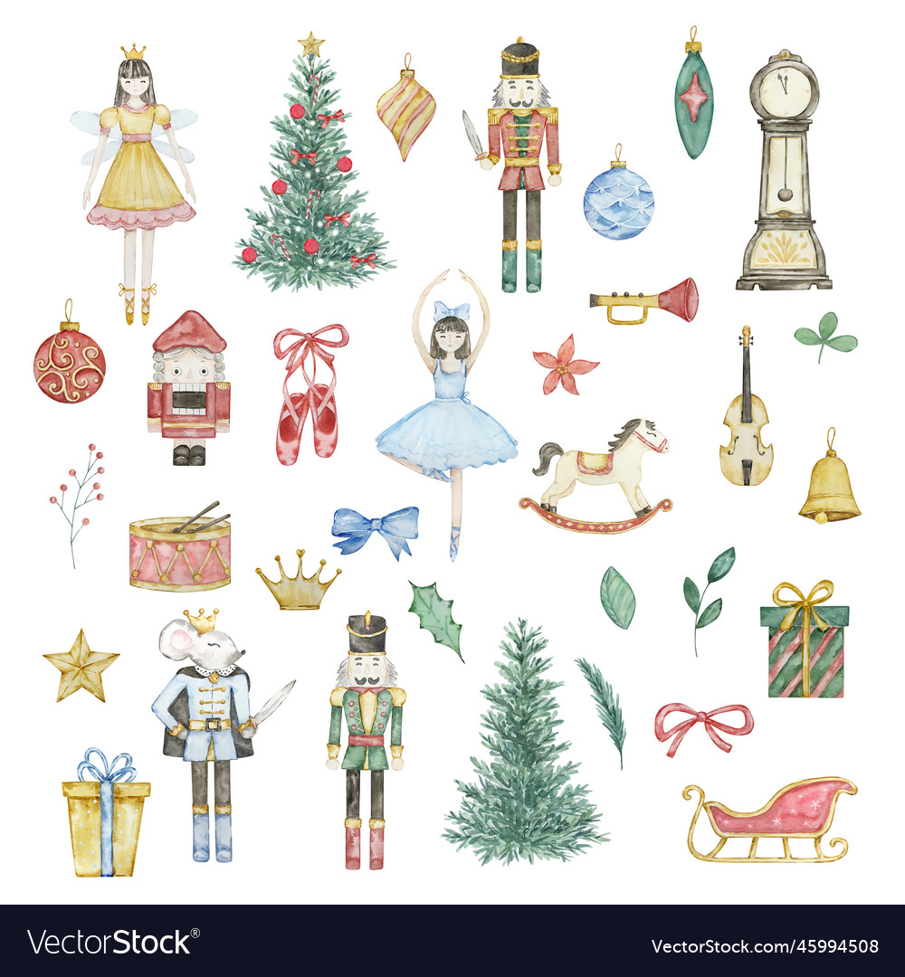 Watercolor nutcracker christmas set ballerina Vector Image