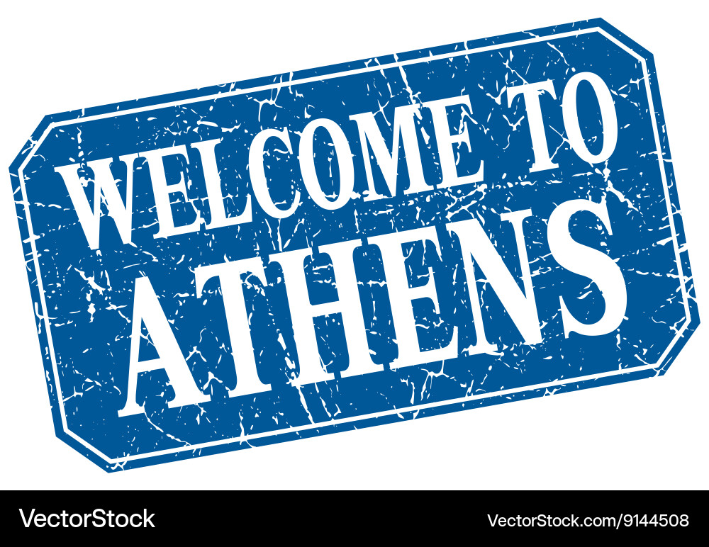 Welcome to athens blue square grunge stamp Vector Image