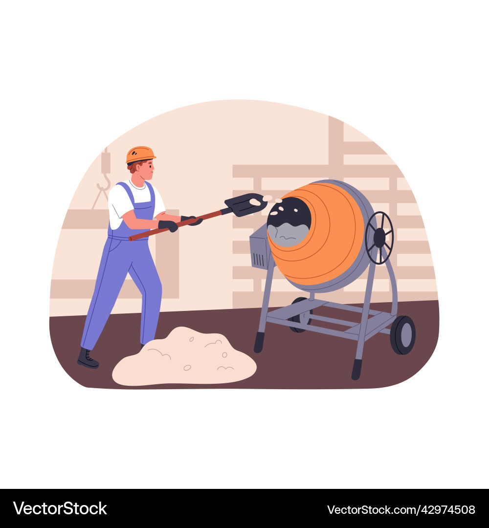Worker mixing cement sand in concrete mixer Vector Image