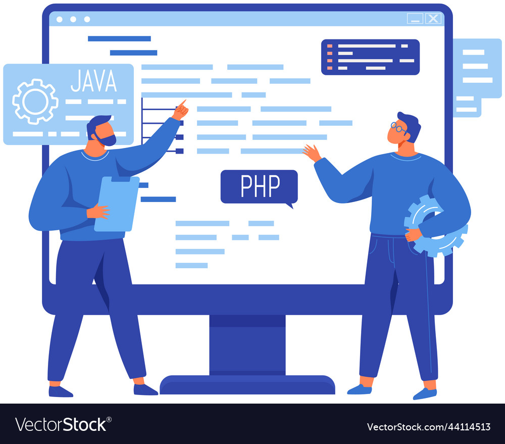 Software engineers working with computer program Vector Image