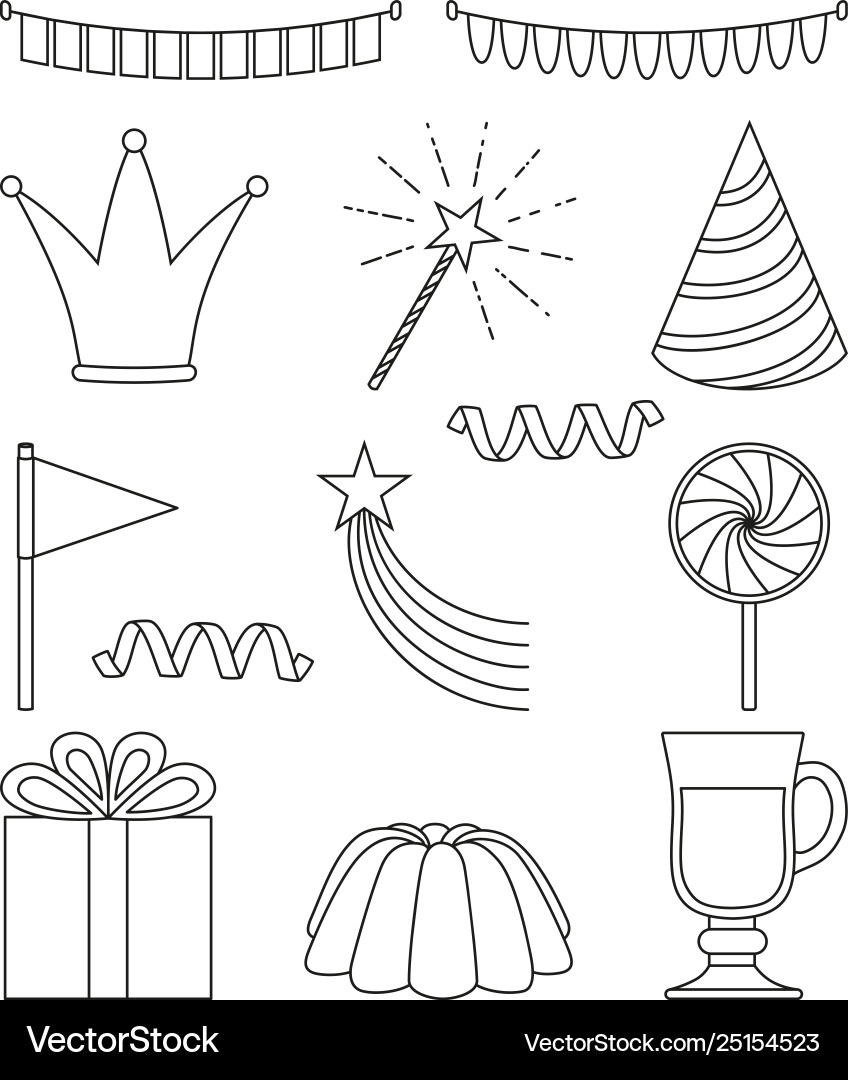 13 line art black and white party elements set Vector Image