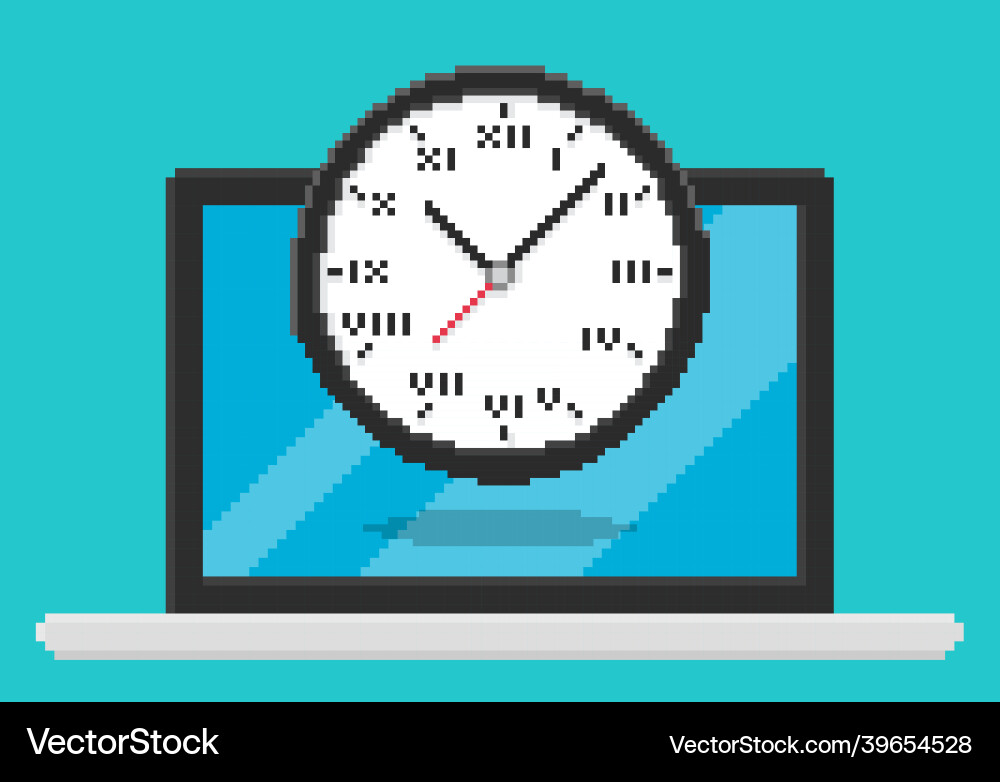 Pixel art of clock on laptop Royalty Free Vector Image