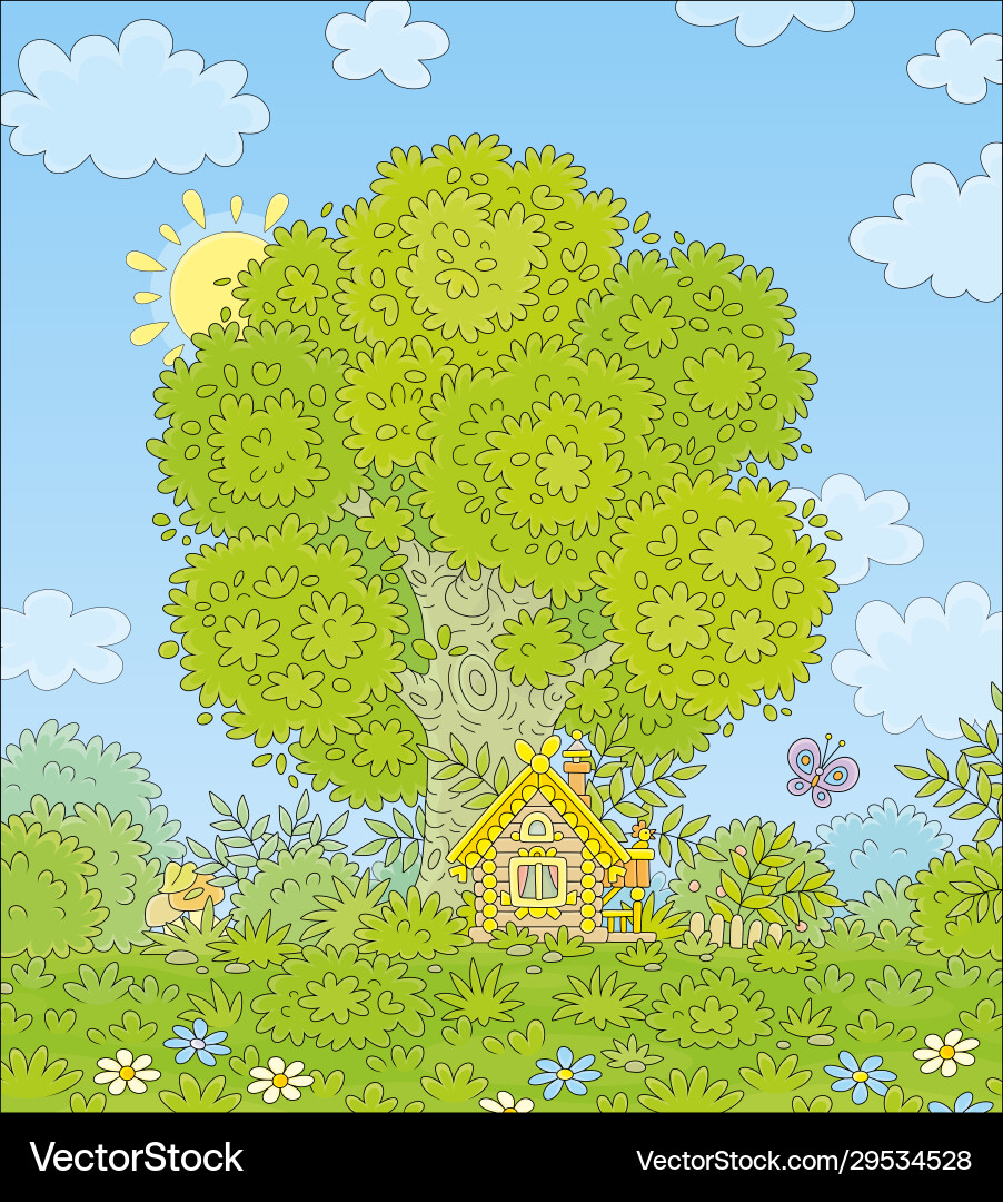 Small wooden house under a big tree Royalty Free Vector