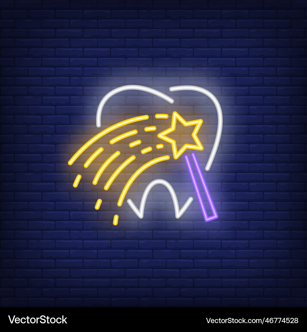 Tooth and magic wand neon sign Royalty Free Vector Image